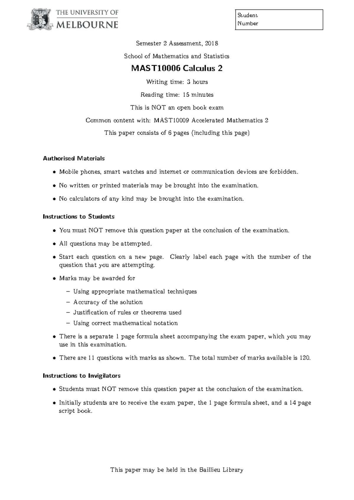 Calculus 2 S2 2018 Past paper - Student Number Semester 2 Assessment ...
