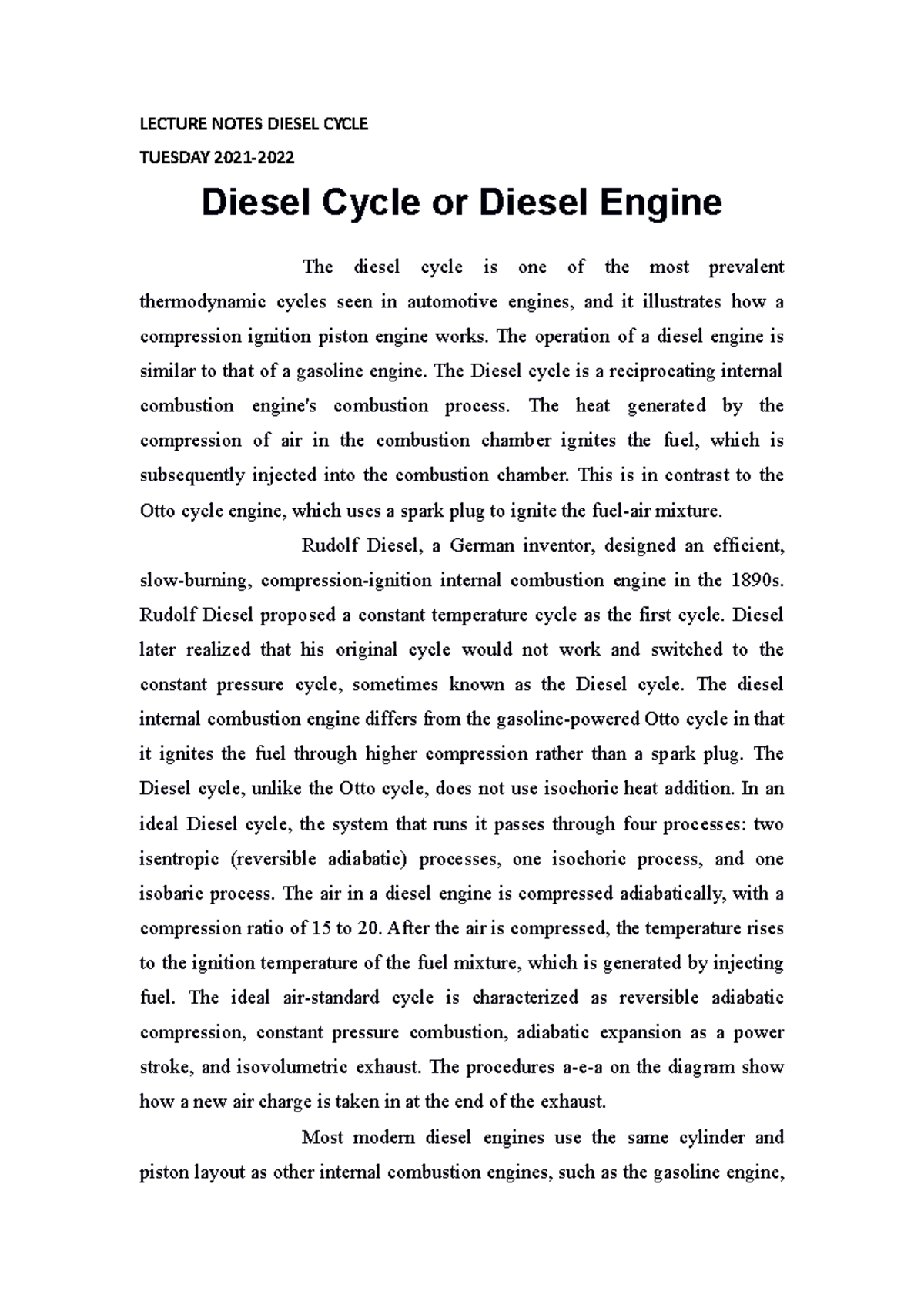 Lecture Notes Diesel Cycle - LECTURE NOTES DIESEL CYCLE TUESDAY 2021 ...