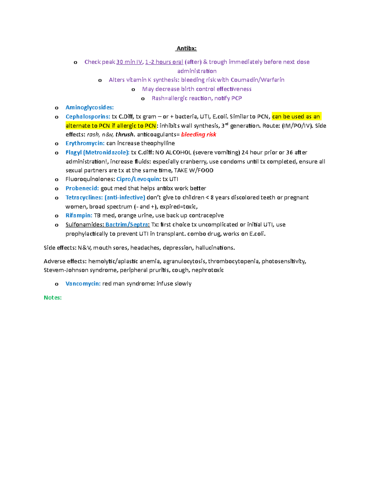 Pharm Review - Antibx: o Check peak 30 min IV, 1-2 hours oral (after ...