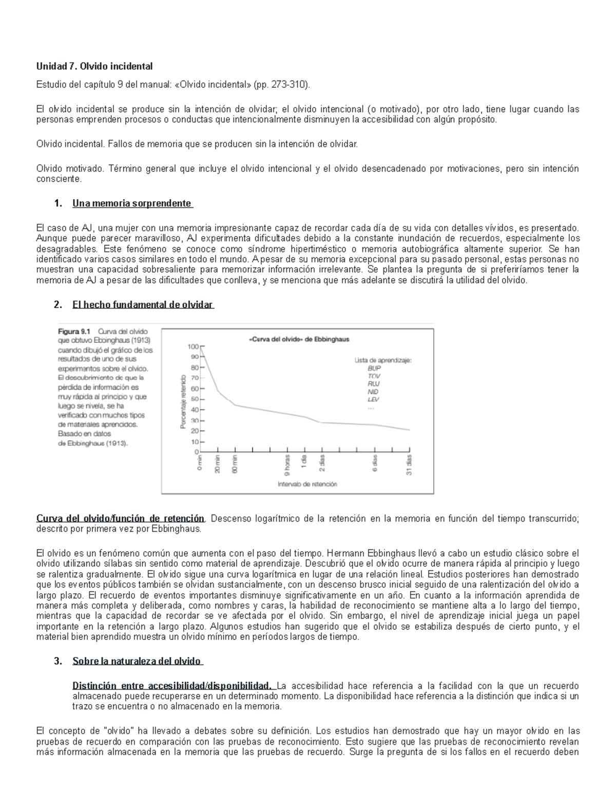Memoria 7 8 9 10 - APUNTES - Unidad 7. Olvido incidental Estudio del ...