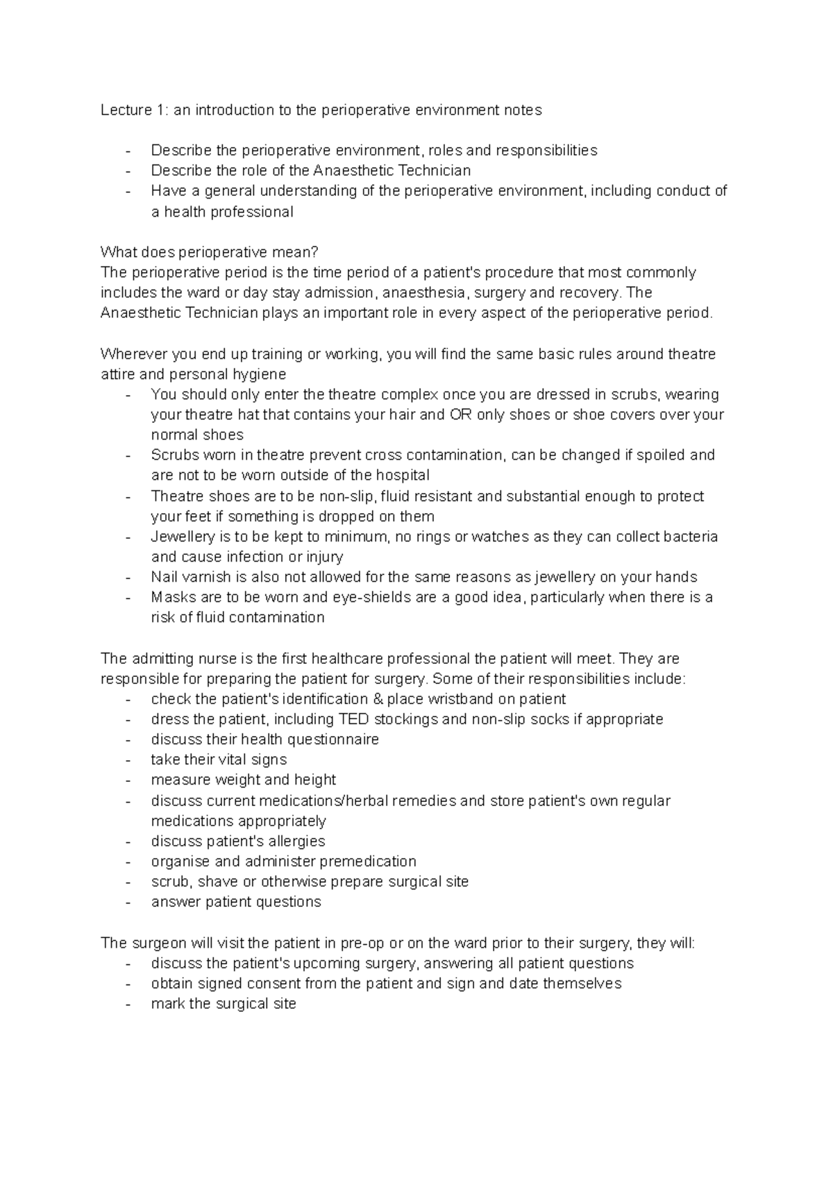 Lecture 1 an introduction to the perioperative environment notes - The ...