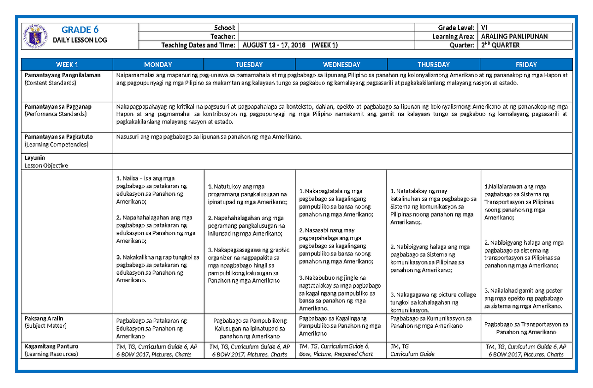 DLL G6 Q2 WEEK 1 ALL Subjects (Mam Inkay Peralta) - GRADE 6 DAILY ...