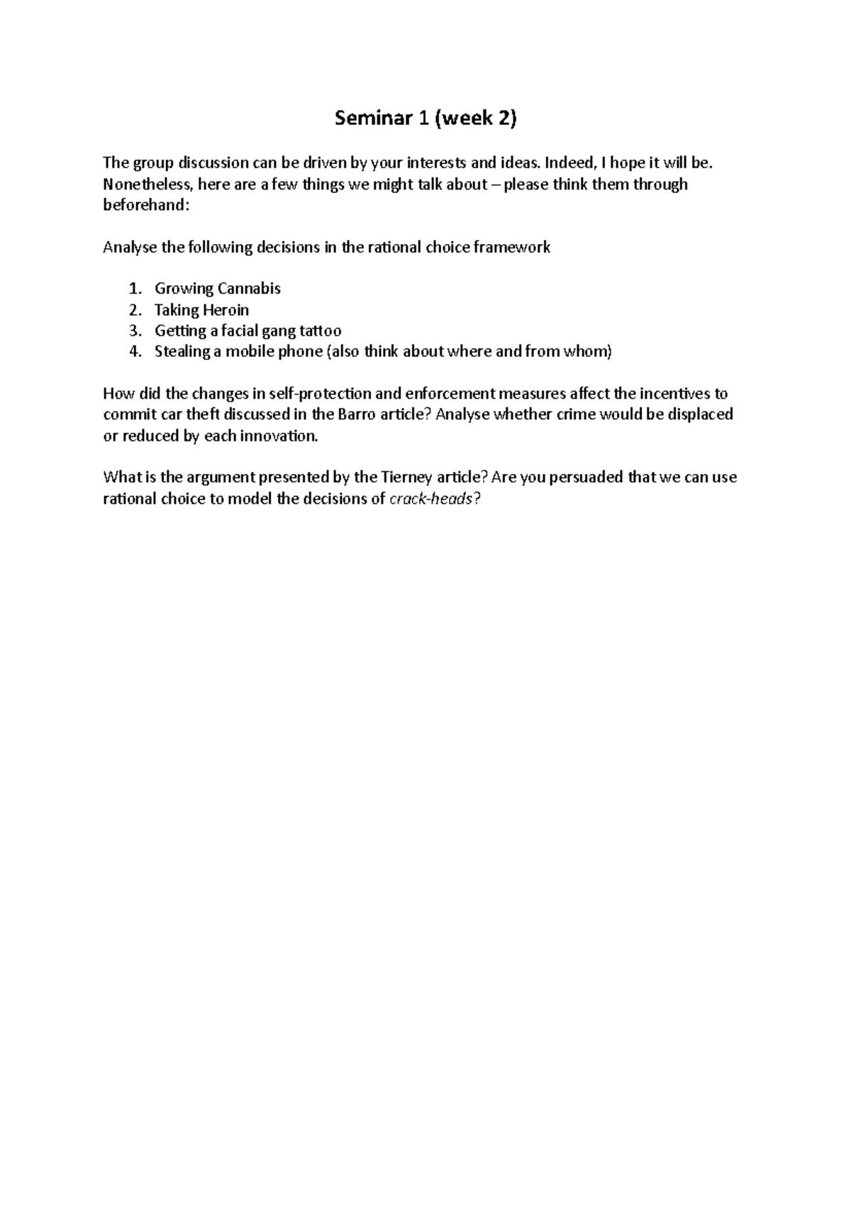 Seminar 1 economics - Seminar 1 (week 2) The group discussion can be ...