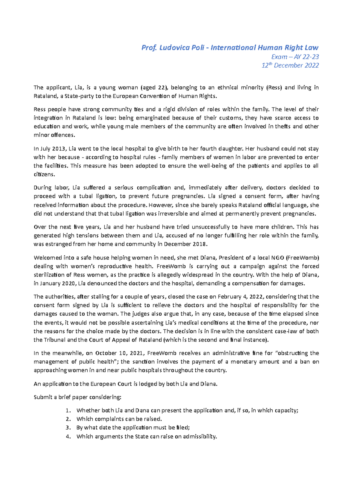 IHRL exam 22-23 - IHRL exam 22-23 - Prof. Ludovica Poli - International ...
