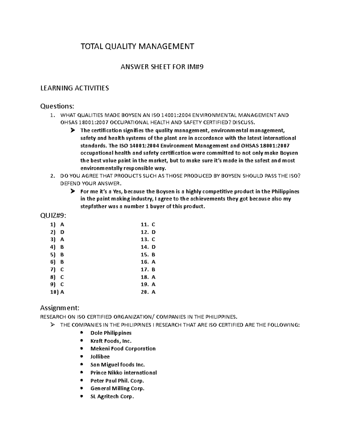Total Quality Management IM NO - TOTAL QUALITY MANAGEMENT ANSWER SHEET ...