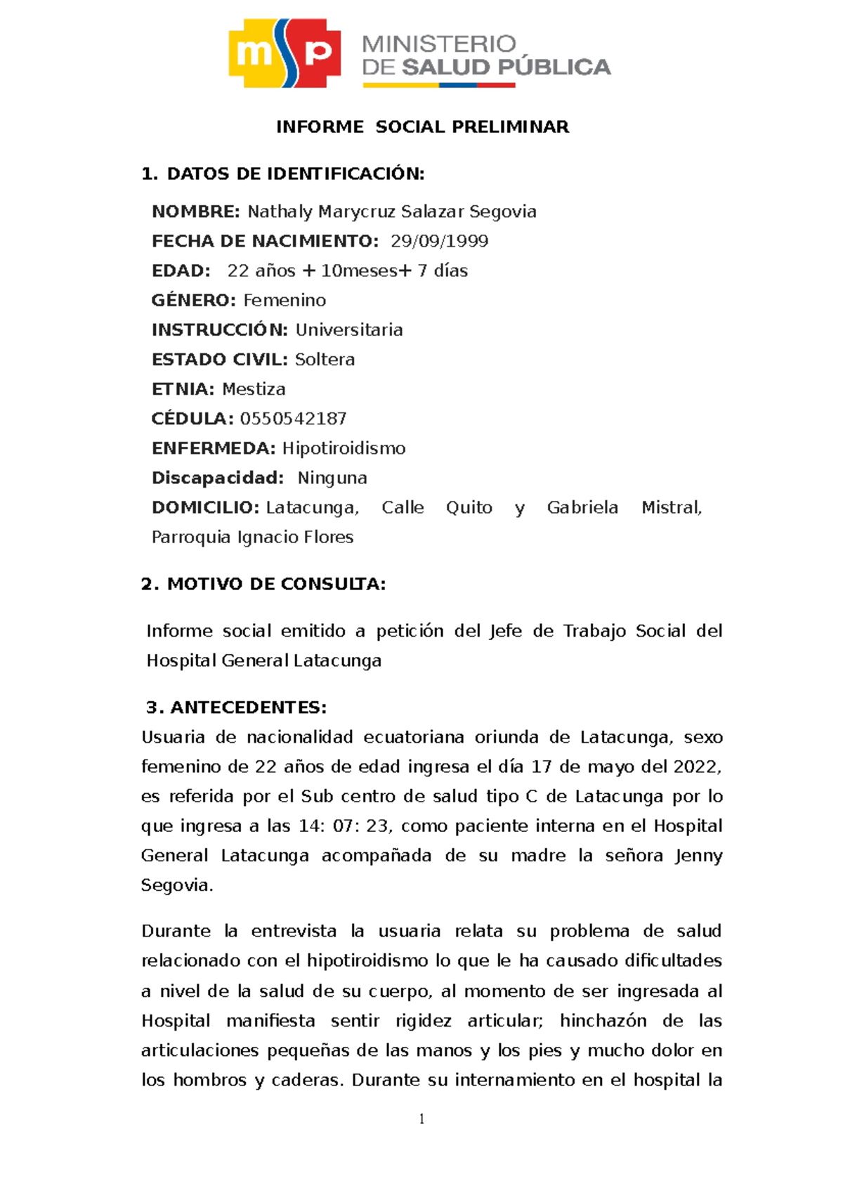 Informe Social Marycruz Salazar - INFORME SOCIAL PRELIMINAR 1. DATOS DE ...