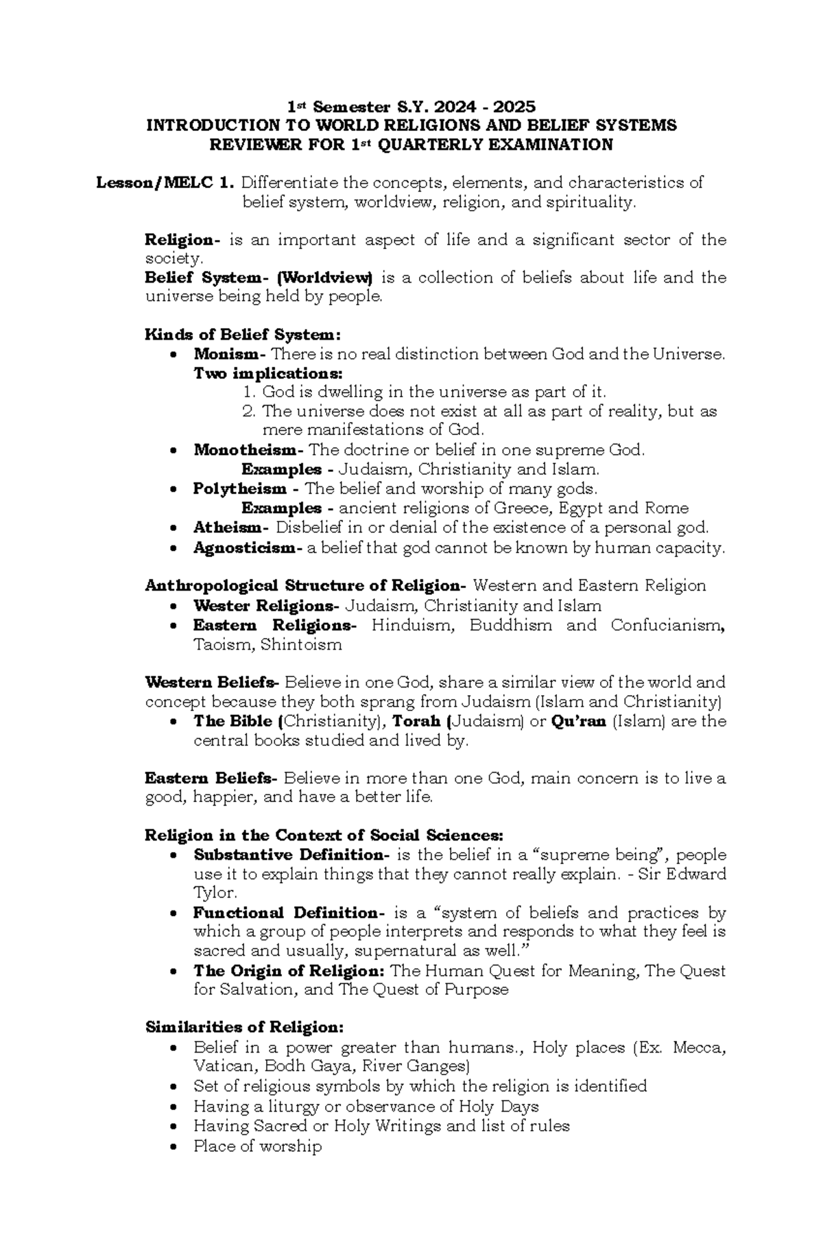 introduction to world religions and belief systems - 1 st Semester S ...