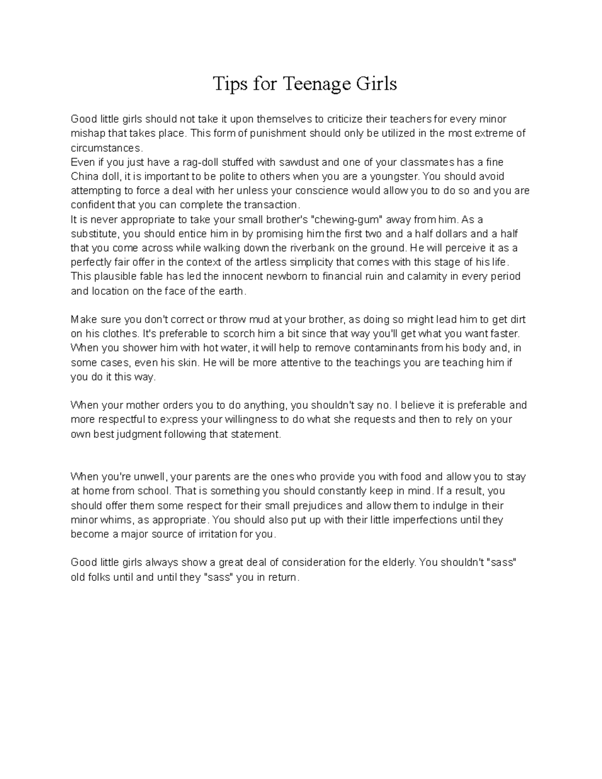 Short story - Notes - Tips for Teenage Girls Good little girls should ...