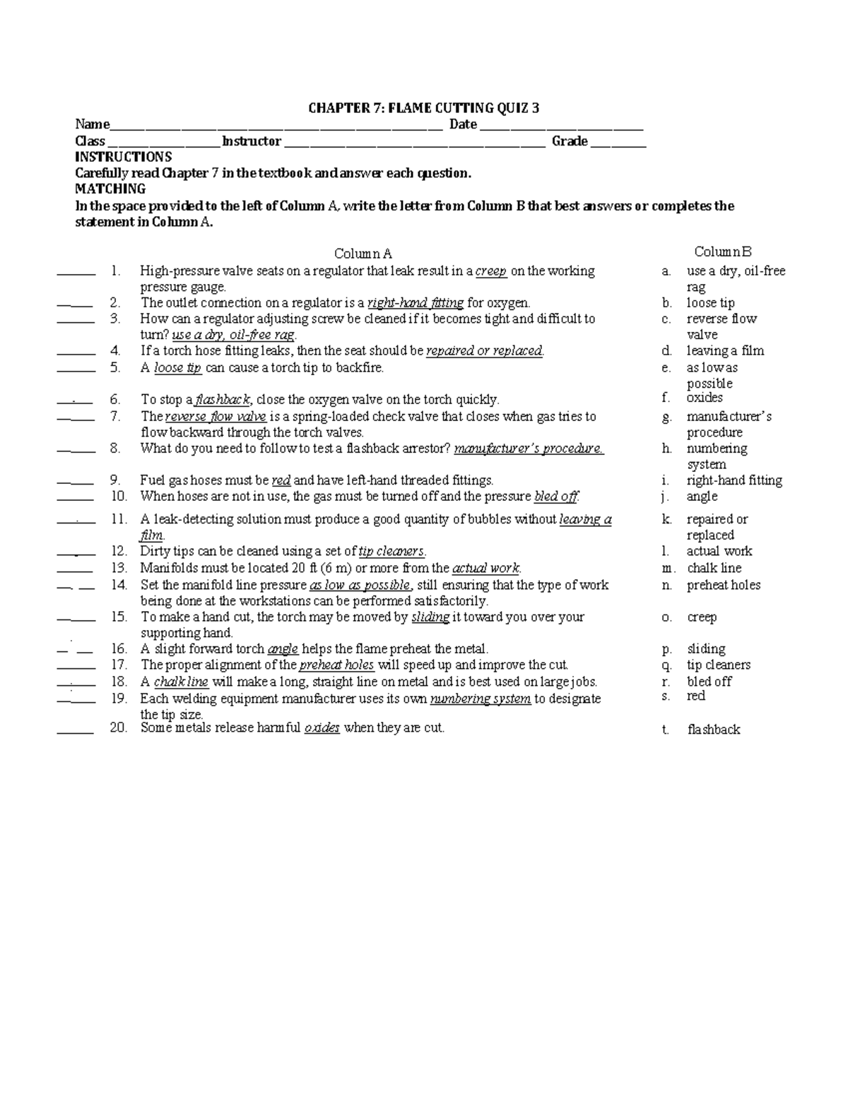 Week 3 Homework - welding stream - CHAPTER 7 : FLAME CUTTING QUIZ 3 ...