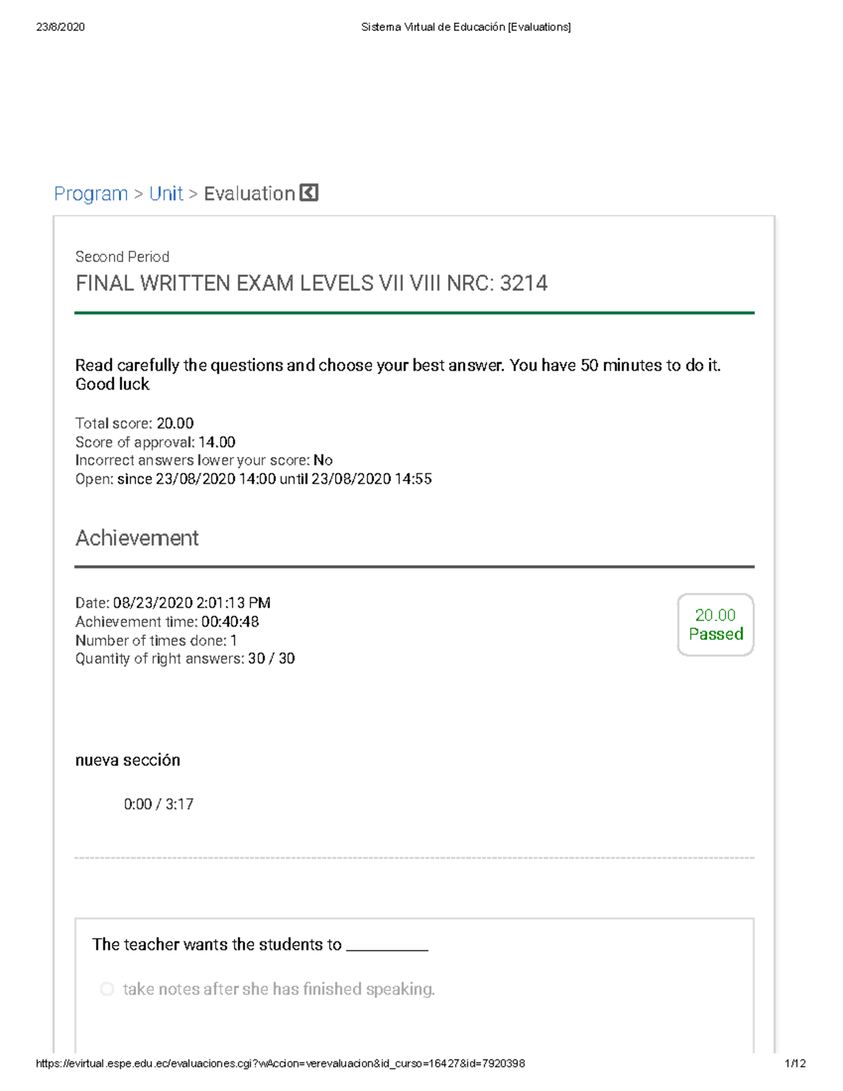 FINAL WRITTEN EXAM LEVELS VII VIII - Program > Unit > Evaluation Date ...