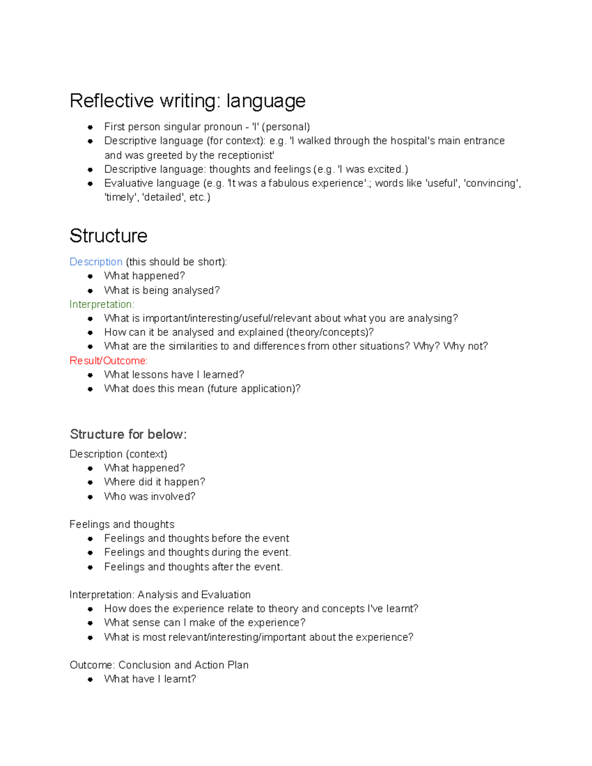 Reflection writing structure - Reflective writing: language First ...