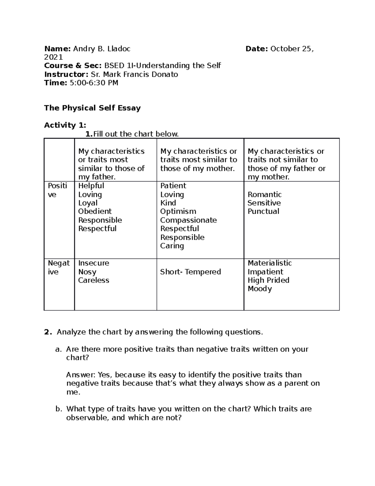 Activity 1 Reaction Paper Name Andry B Lladoc Date October