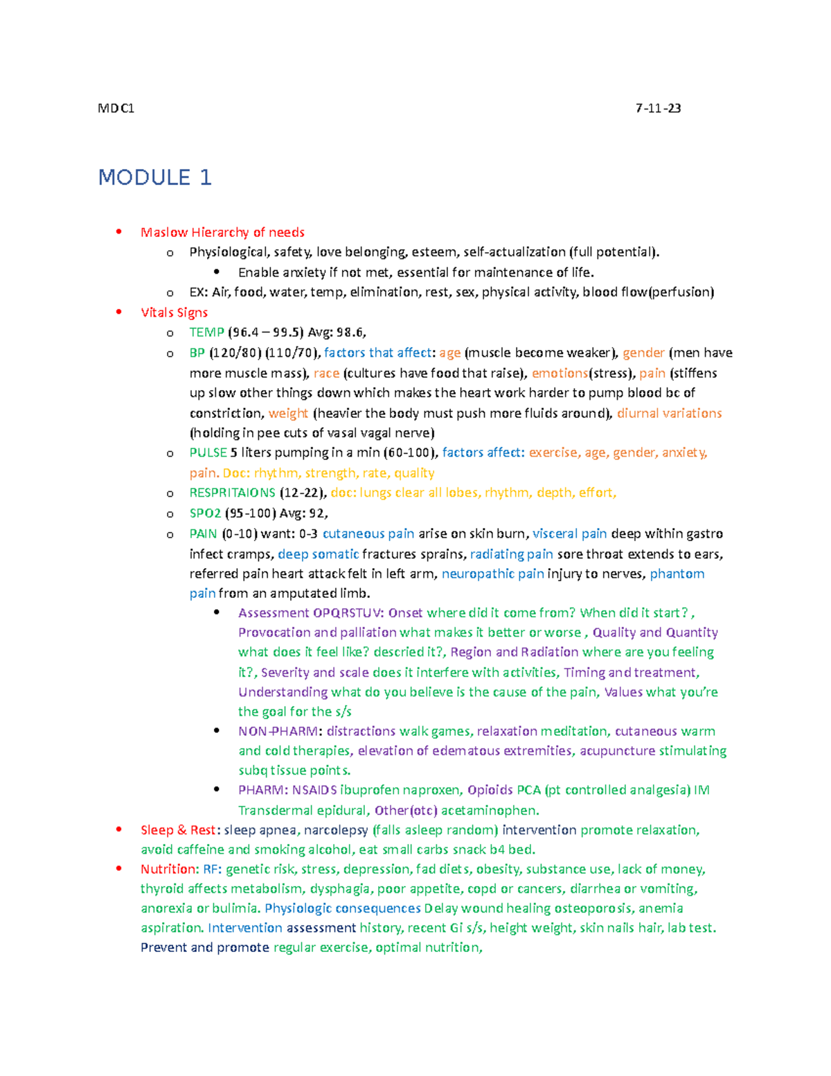 Module 1 lecture notes - MDC1 7-11- MODULE 1 Maslow Hierarchy of needs ...