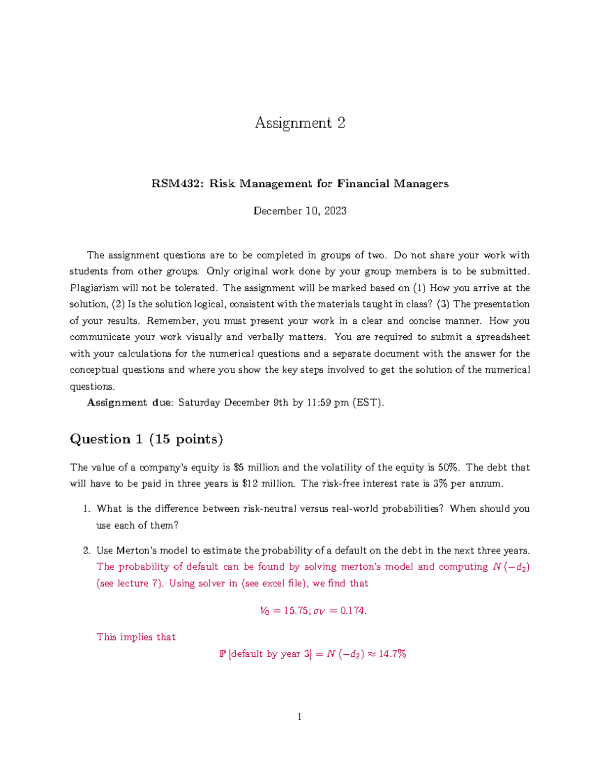 Assignment 2-RMFM-2023-sol - Assignment 2 RSM432: Risk Management for Financial Managers ...