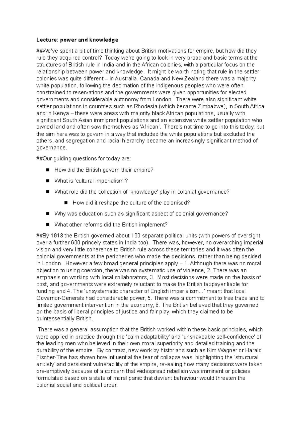 British Empires - power and knowledge - Lecture: power and knowledge ## ...