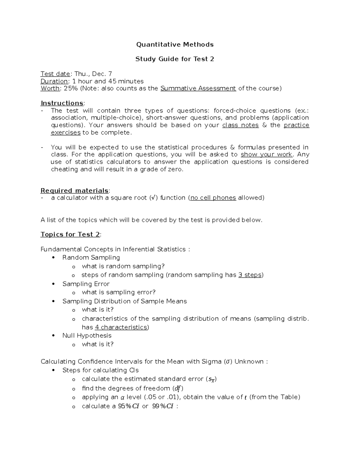 QM Test 2 Study Guide F23 - Quantitative Methods Study Guide for Test 2 ...