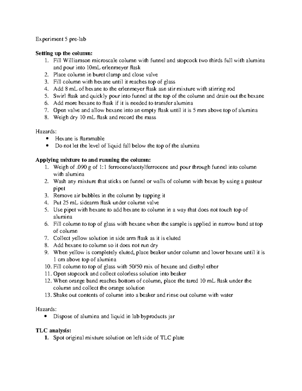 Orgo Pre-Lab Experiment 5 - Experiment 5 pre-lab Setting up the column ...