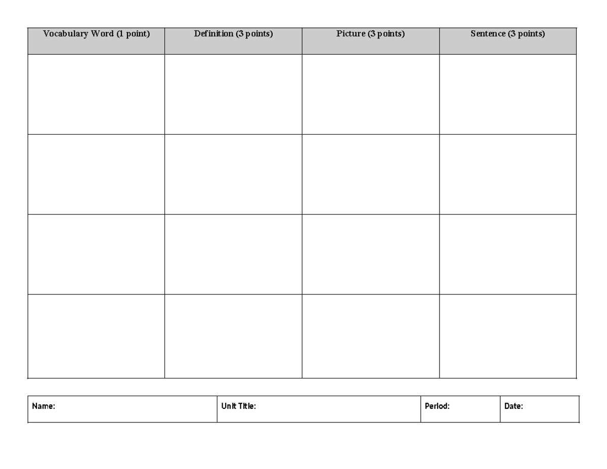 Vocabulary Table Blank x 2 Pages - Vocabulary Word (1 point) Definition ...