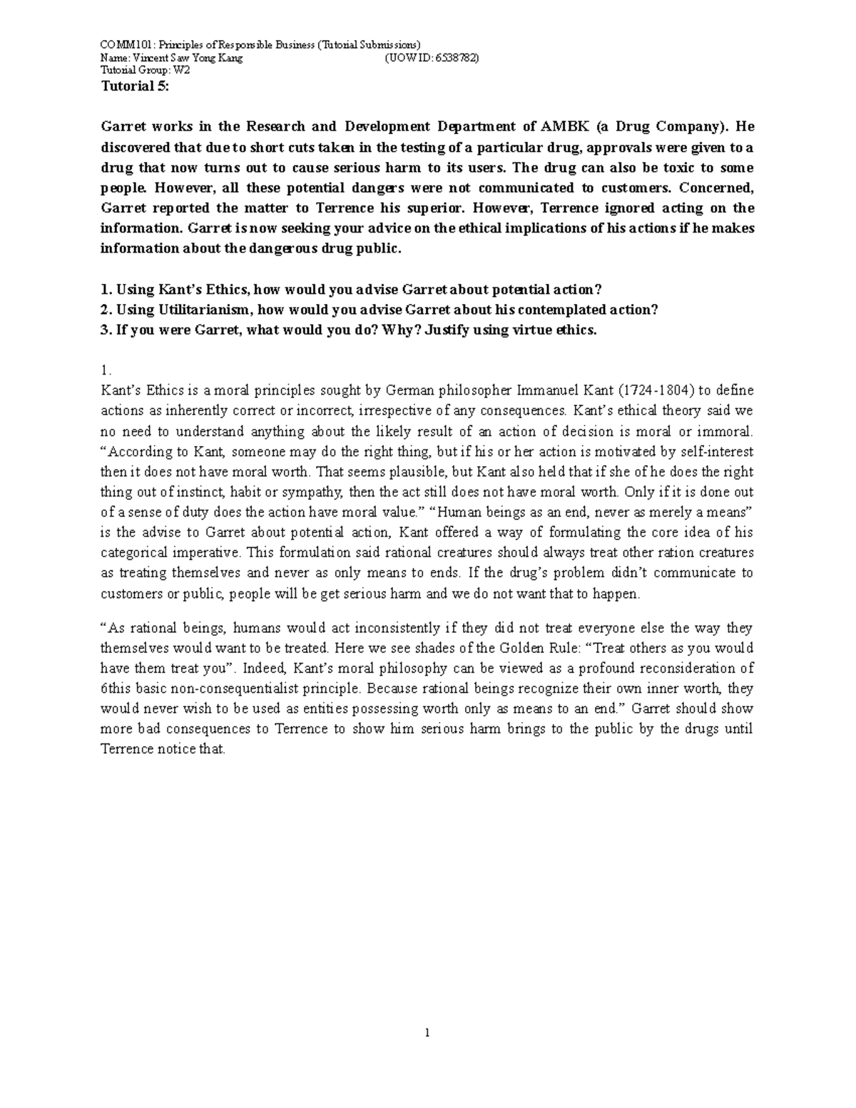 COMM101 Tutorial 5 - COMM101: Principles of Responsible Business ...
