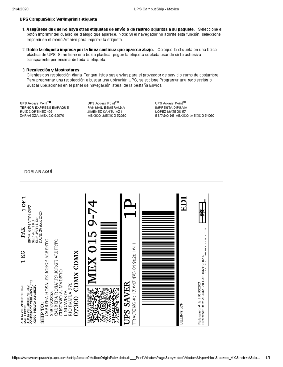 GUIA DR Cabrera - guias - 21/4/2020 UPS CampusShip - Mexico - Studocu
