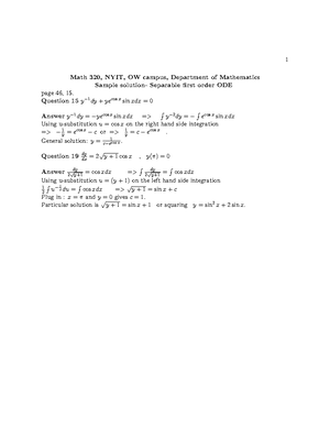 W4 exact ODE homework solutions - 1 Math 320, NYIT, OW campus, Department of Mathematics Sample ...