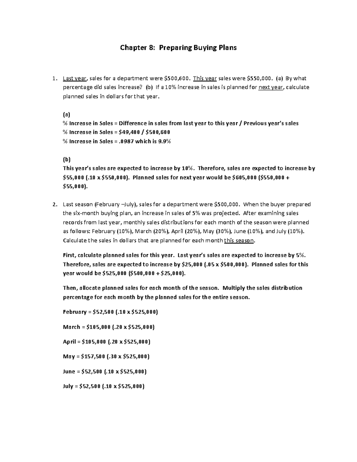 RMG 400 - CH8 Math Worksheet - Chapter 8: Preparing Buying Plans Last year, sales for a ...