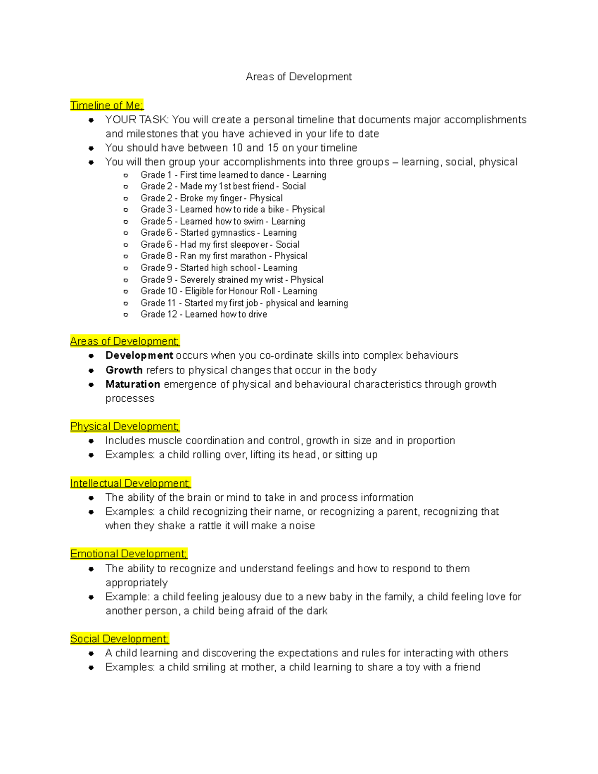 Areas of Development - Lecture notes 11 - Areas of Development Timeline ...