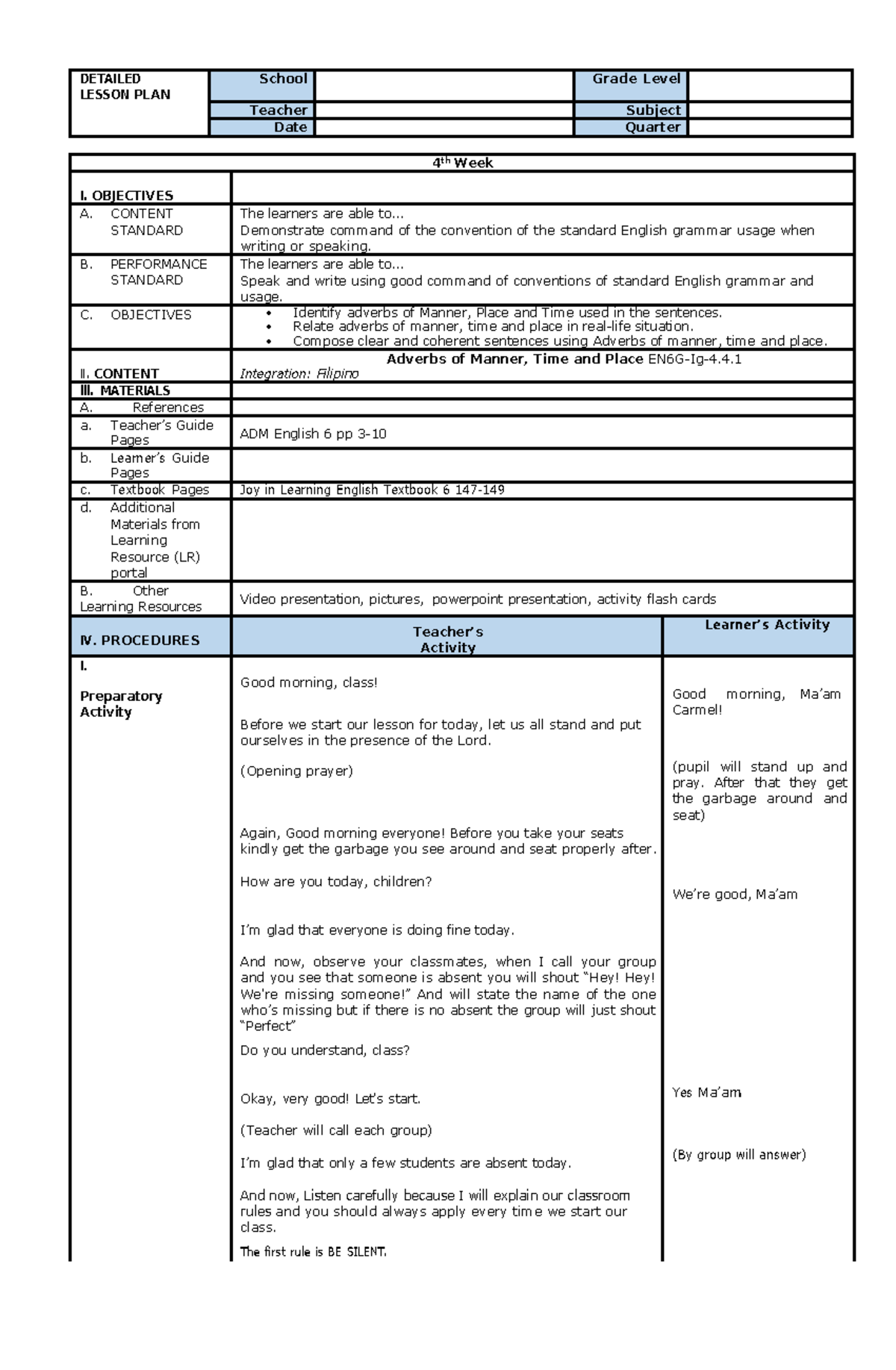 Sample Detailed Lesson PLAN - DETAILED LESSON PLAN School Grade Level ...