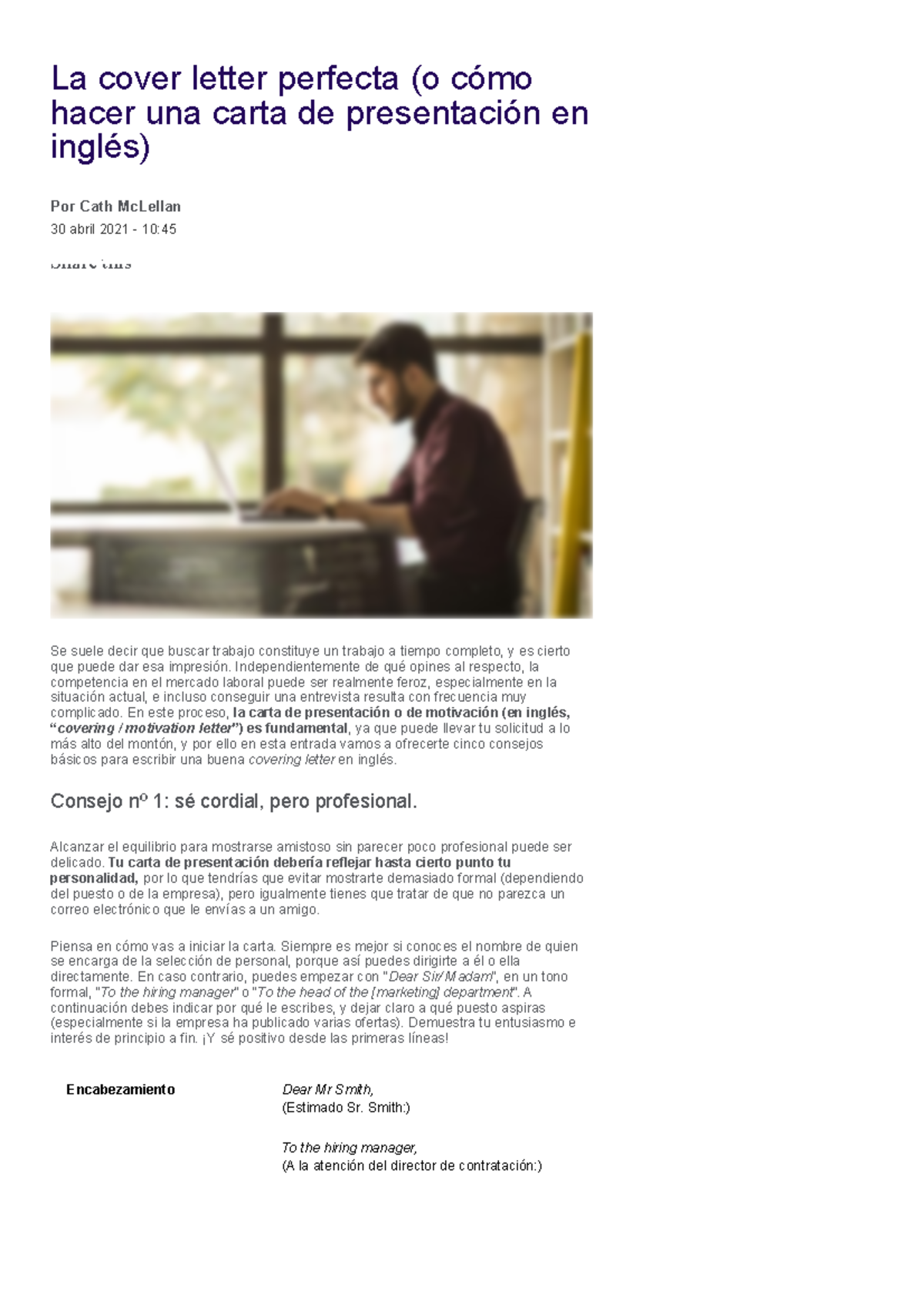 La cover letter en inglés perfecta British Council - La cover letter ...