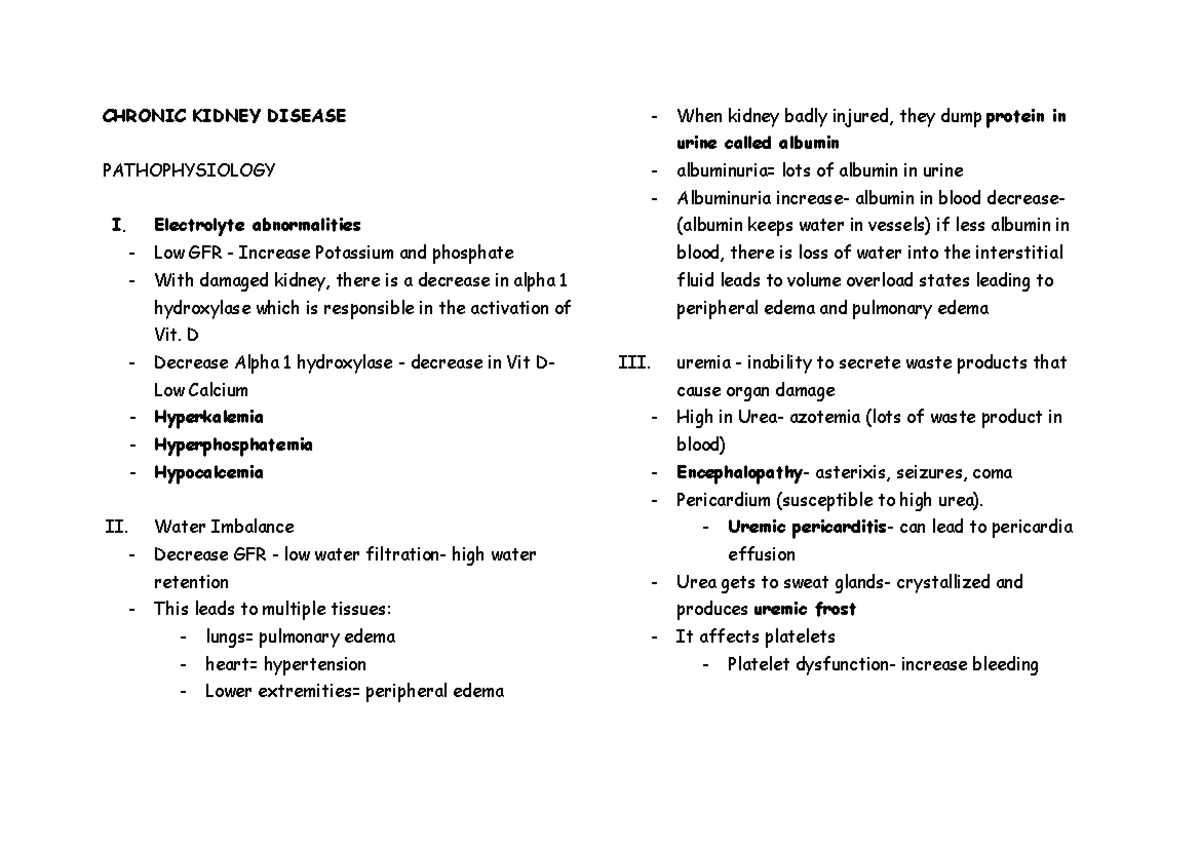 CKD - notes - CHRONIC KIDNEY DISEASE PATHOPHYSIOLOGY I. Electrolyte ...