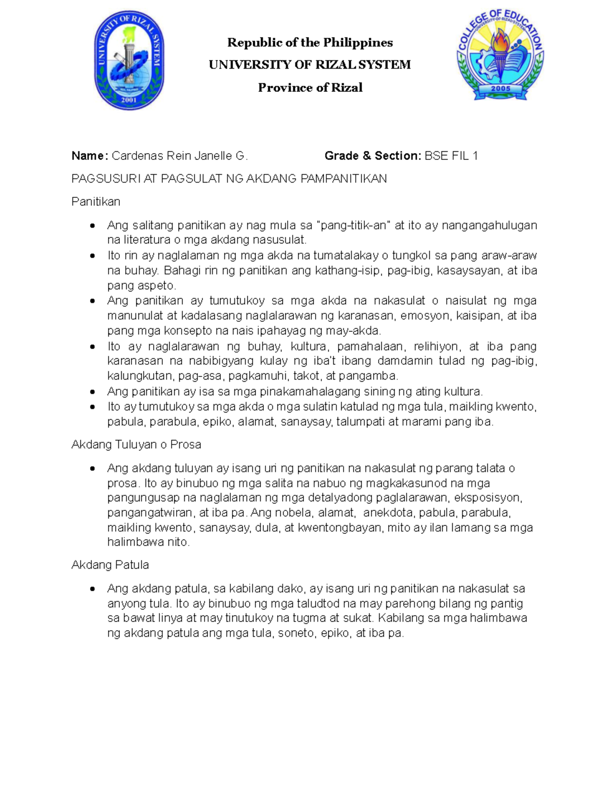 Pagsuri at pagsulat summary - UNIVERSITY OF RIZAL SYSTEM Province of ...