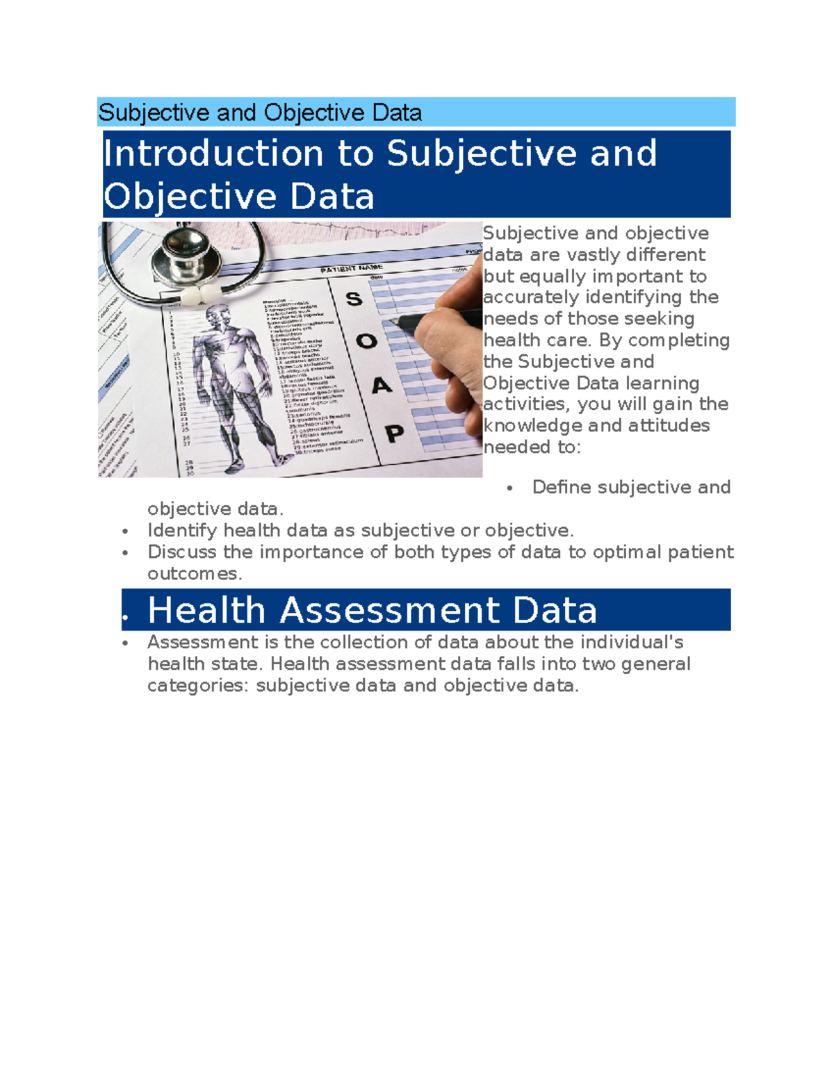 HA Week 2 Edapt - Subjective and Objective Data Introduction to ...