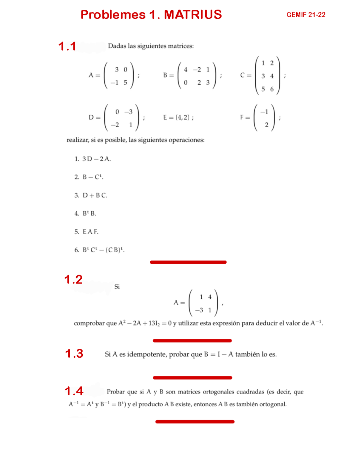 Problemes 1. Matrius - ejercicios matrices - Álgebra Lineal - Studocu