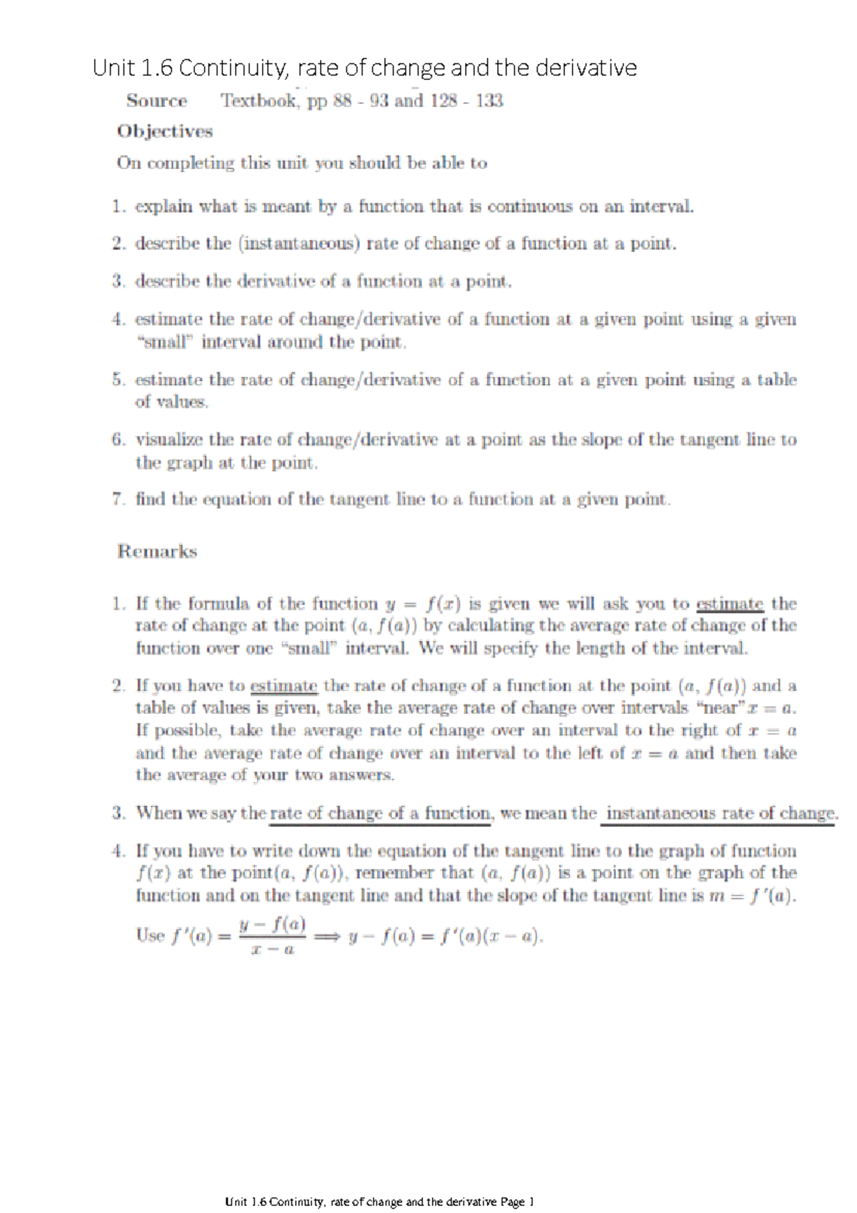 Continuity, rate of change and the derivative with annotation - WTW 134 - Unit 1 Continuity ...