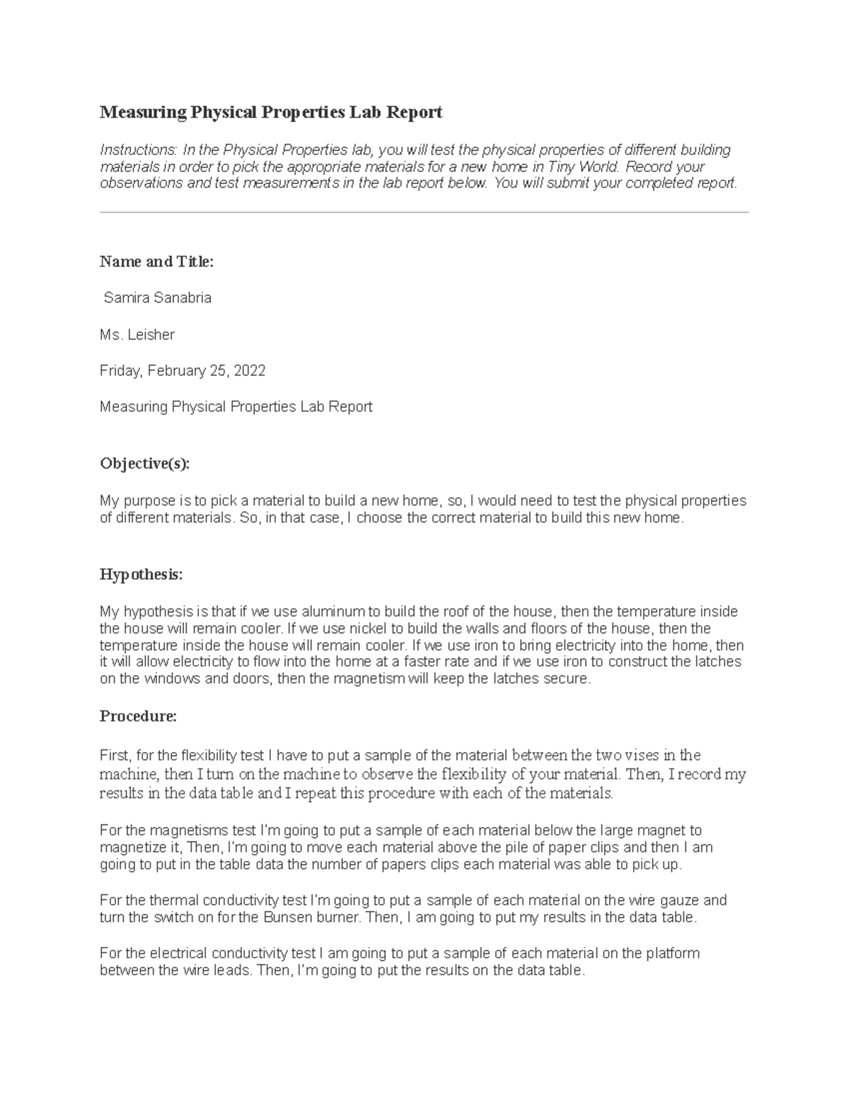 Measuring Physical Properties Lab Report - Samira Sanabria - Measuring ...
