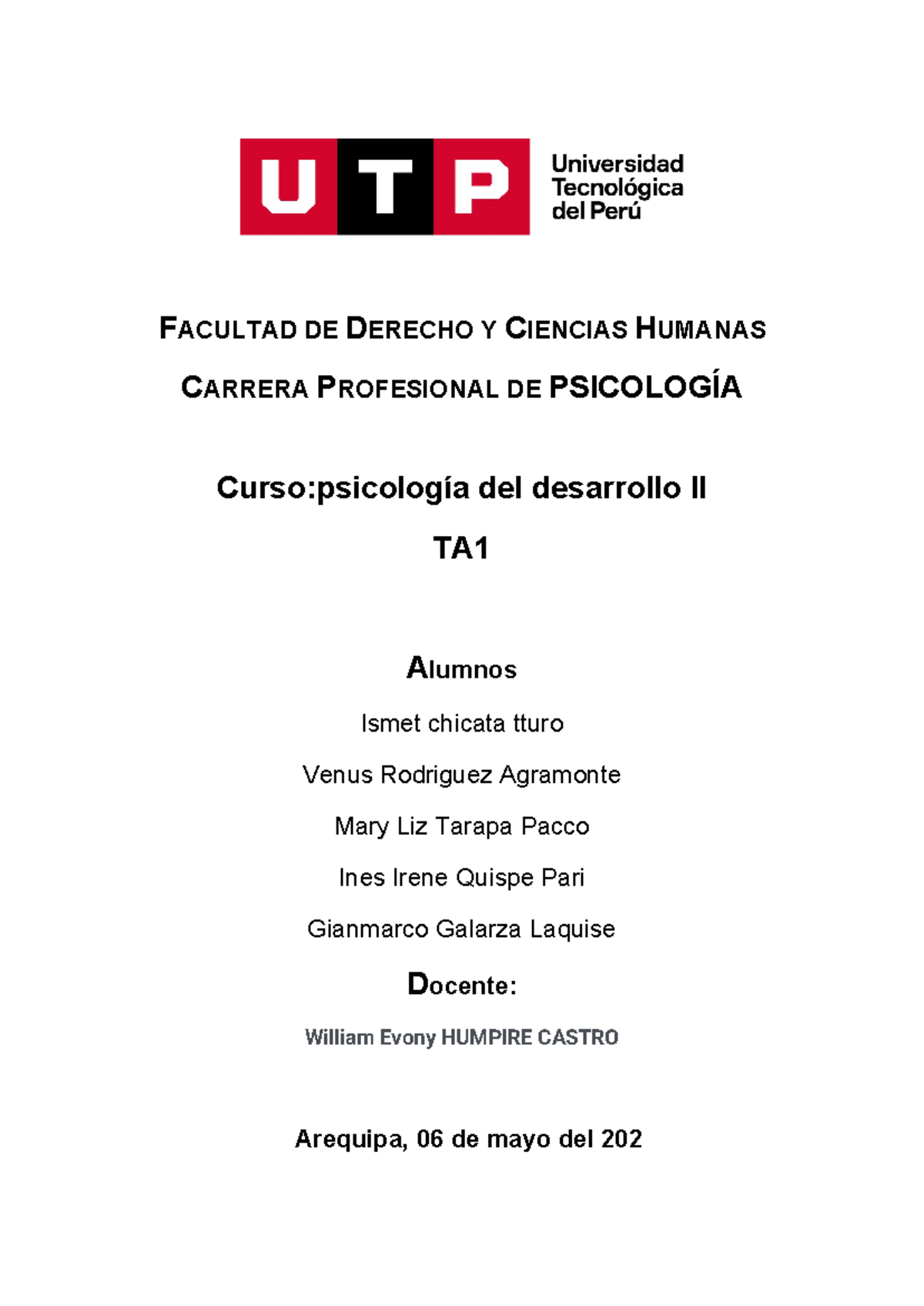 TA1 - Desarrollo - TA1 - FACULTAD DE DERECHO Y CIENCIAS HUMANAS CARRERA PROFESIONAL DE ...