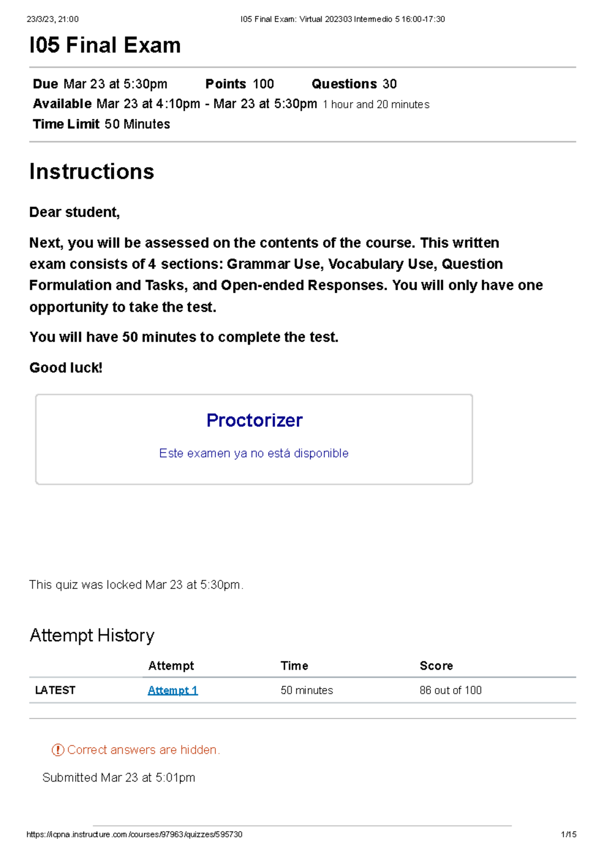 I05 Final Exam Virtual 202303 Intermedio 5 16 00-17 30 - I05 Final Exam ...