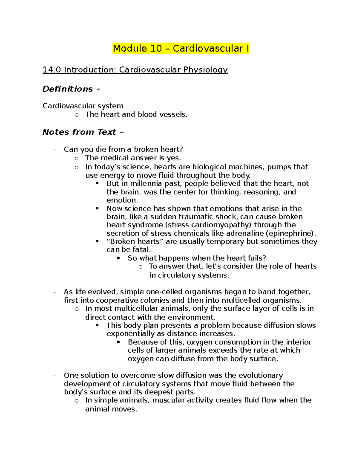 Module 10 - notes - Module 10 – Cardiovascular I 14 Introduction ...