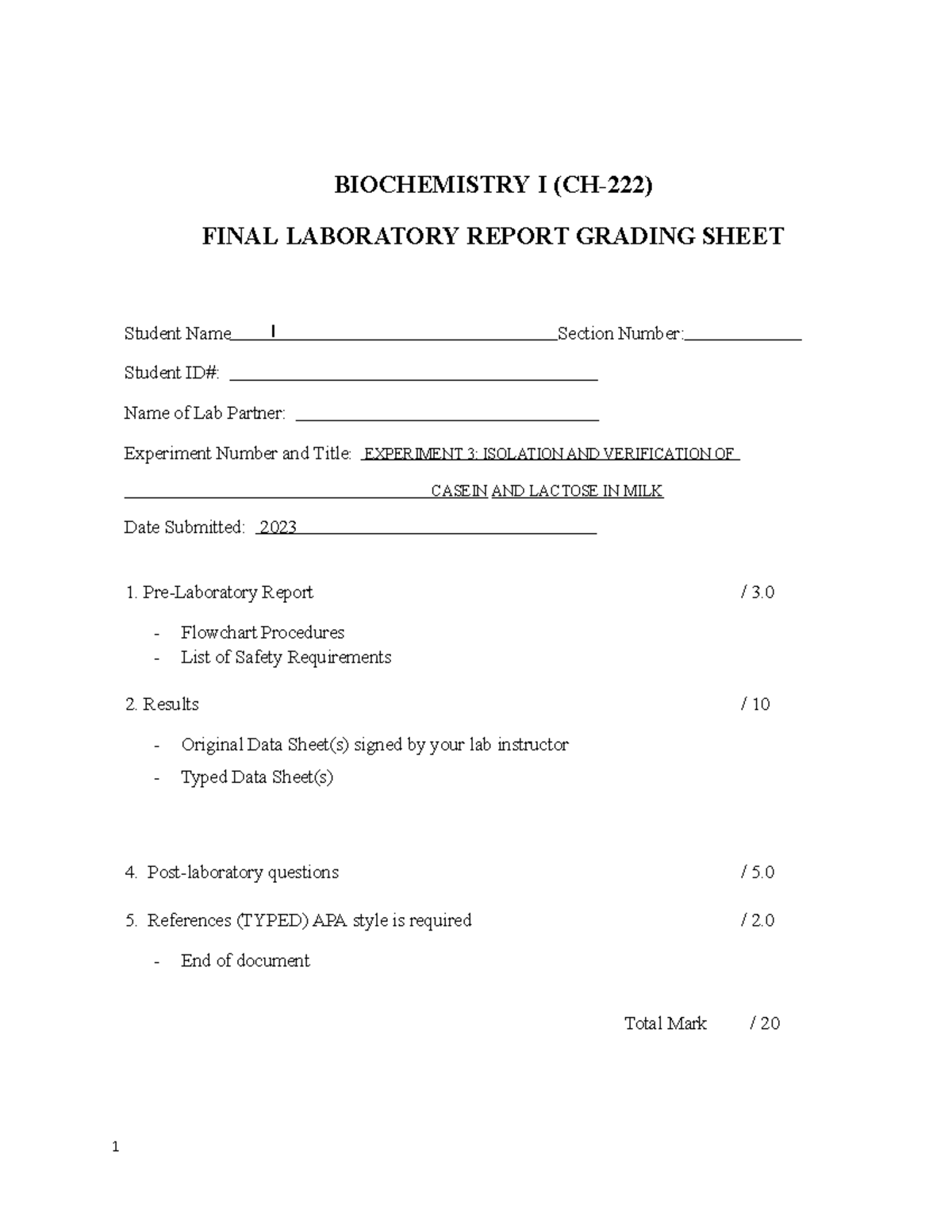 EXP-3.-biochemistry - BIOCHEMISTRY I (CH-222) FINAL LABORATORY REPORT ...