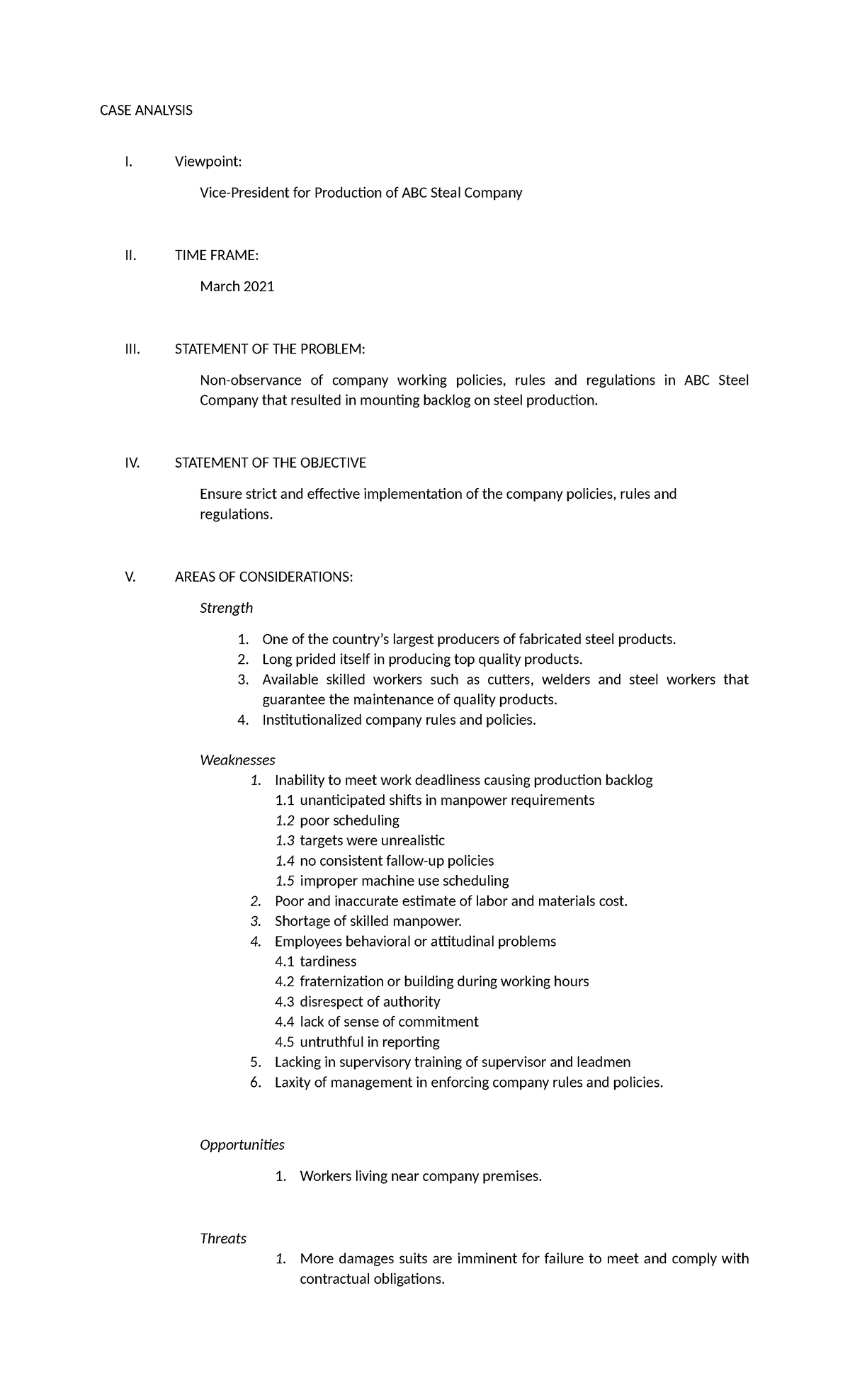 CASE Analysis template - CASE ANALYSIS I. Viewpoint: Vice-President for ...