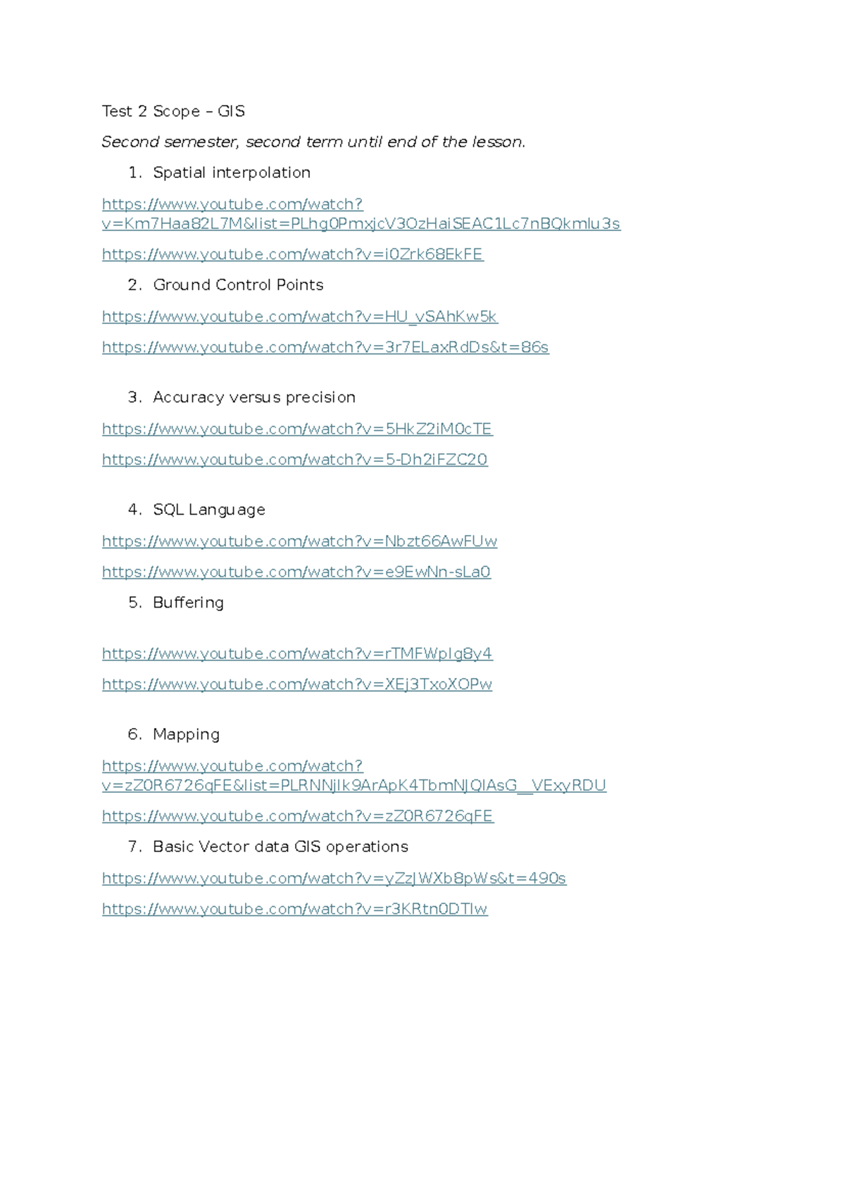 Test 2 GIS Scope - Test 2 Scope – GIS Second semester, second term ...