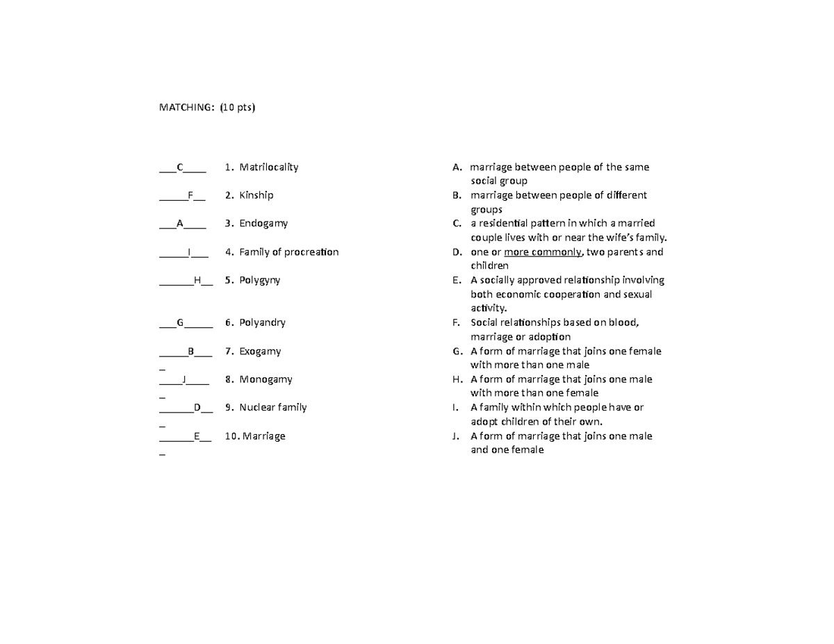 Matching - Final - MATCHING: (10 pts) C_ 1. Matrilocality A. marriage ...