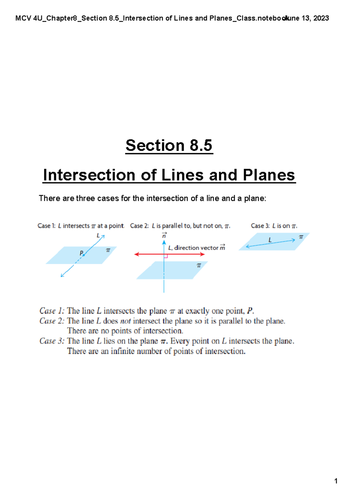 Mcv 4u Chapter 8 Section 8 5 Intersection Of Lines And Planes Hapara