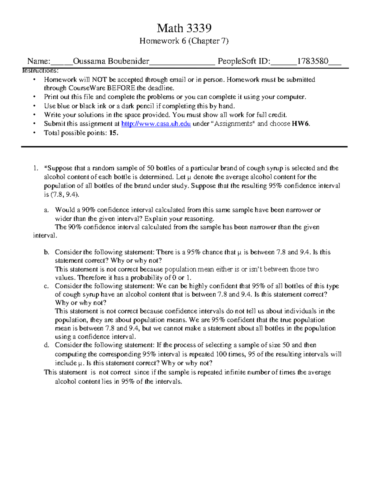 Homework 6 Statistics - Math 3339 - Math Homework 6 (Chapter 7 ...