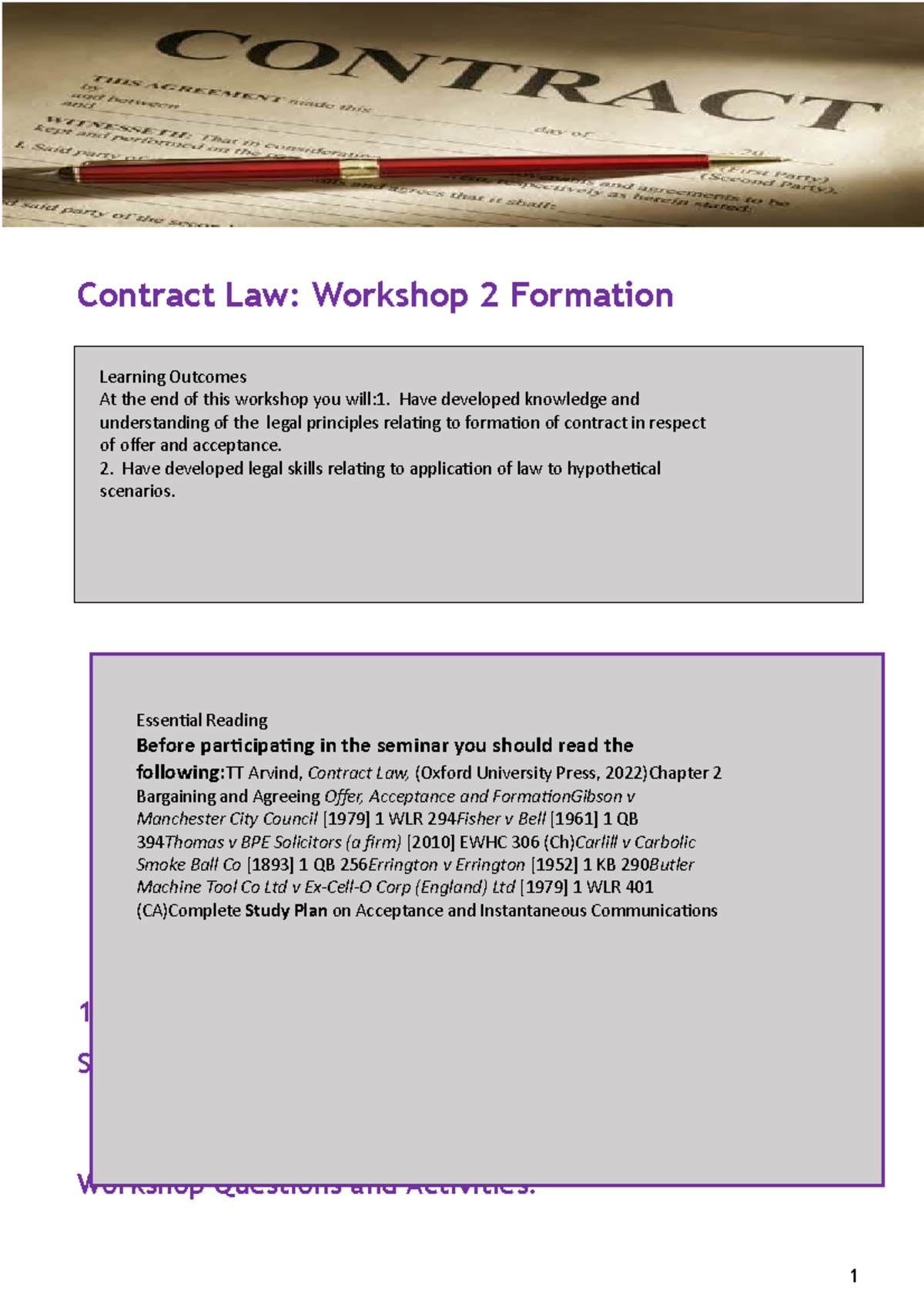 Workshop 2 Formation - Contract Law: Workshop 2 Formation 1 Add title here 1. Seminar Questions ...