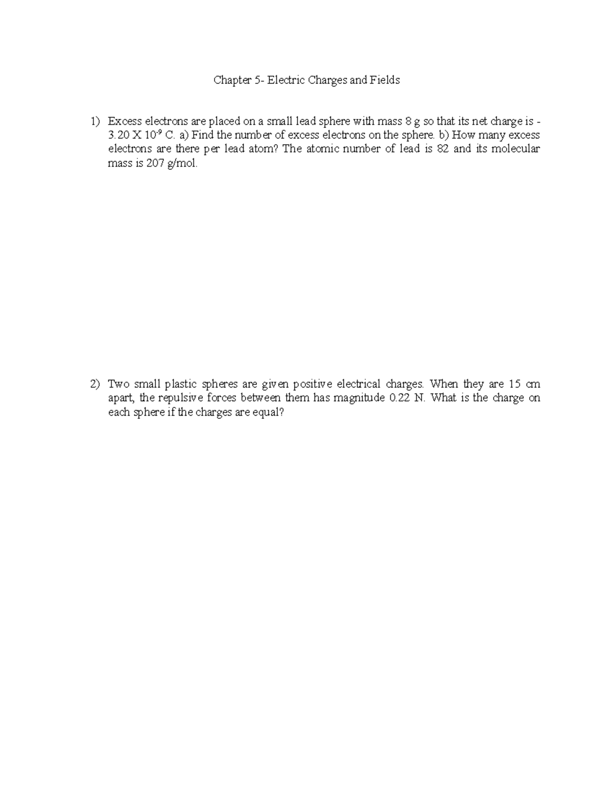Chapter 5- Worksheet - Chapter 5- Electric Charges and Fields Excess ...