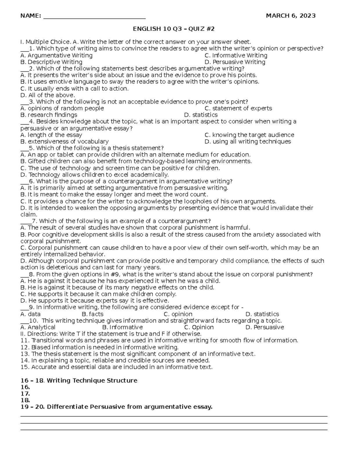 Quiz 2 - English 10 - NAME: ____________________________________ MARCH ...