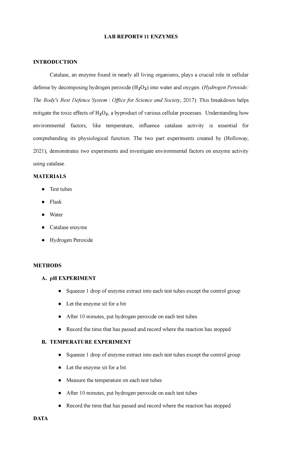 LAB Report# 11 Enzymes - LAB REPORT# 11 ENZYMES INTRODUCTION Catalase ...