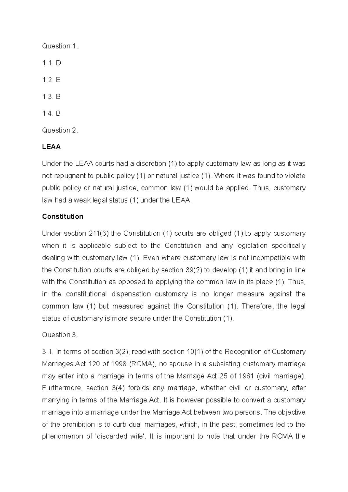 Tut Test 1 Memo and Feedback - Question 1. D E B B Question 2. LEAA ...