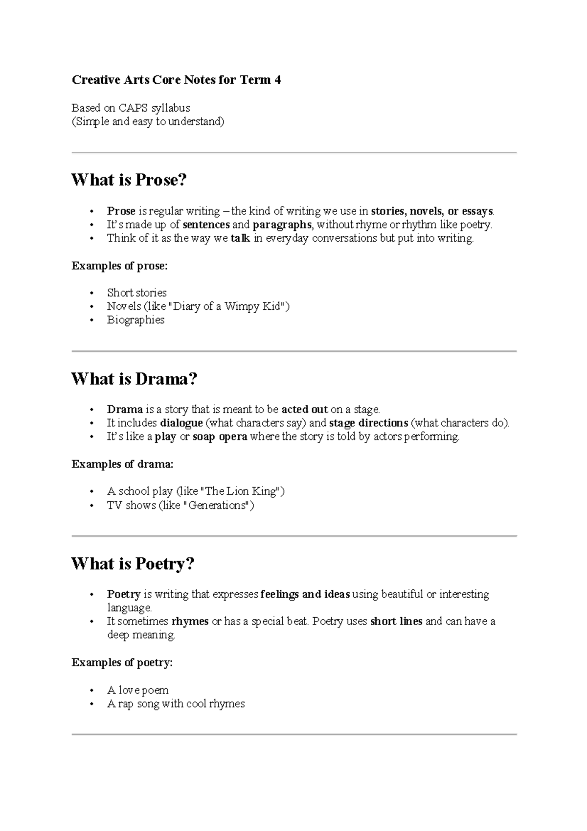 Creative Arts Core Notes for Term 4 revision - Creative Arts Core Notes ...